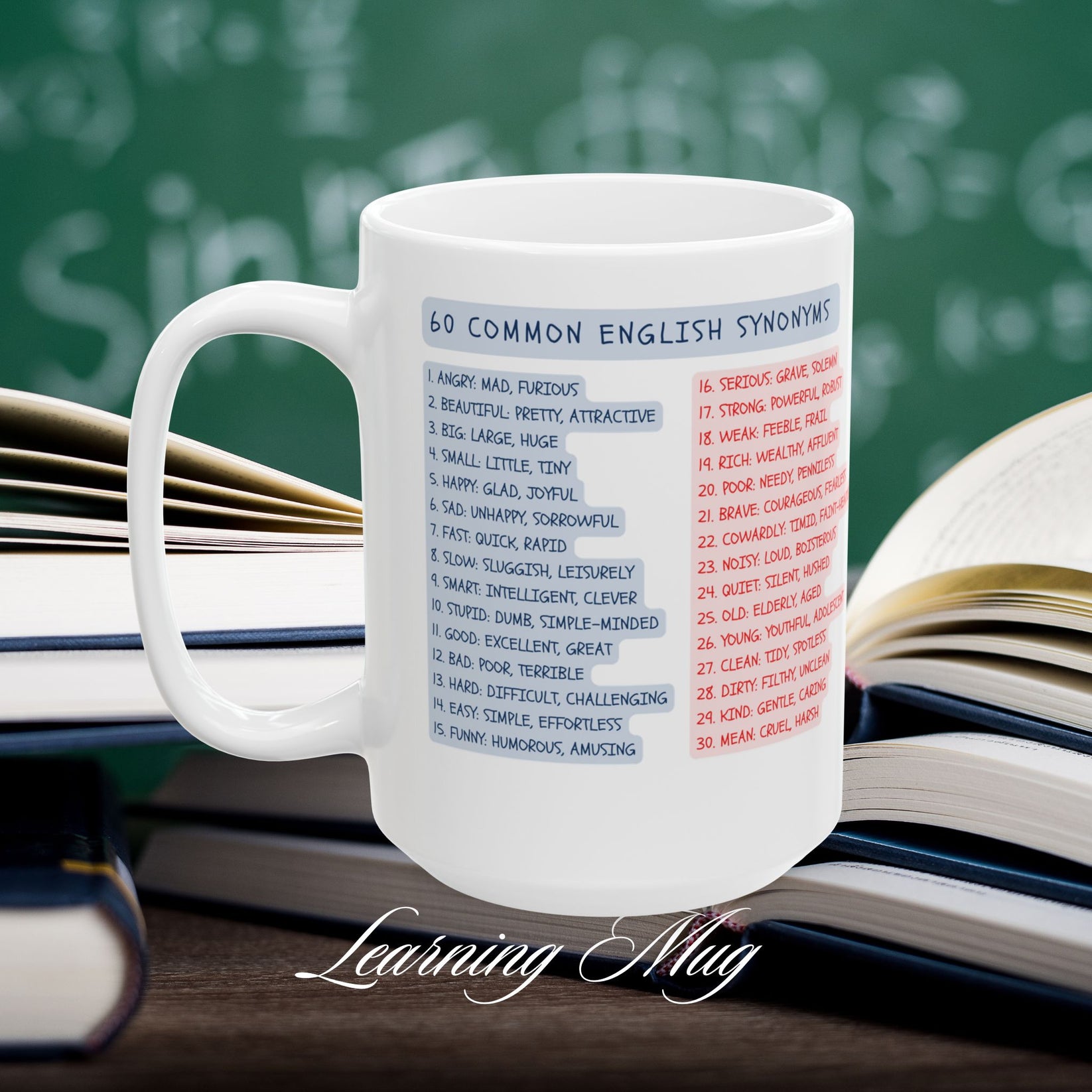 60 Common English Synonyms Learning Mug, (11oz, 15oz) – LearningMug.com