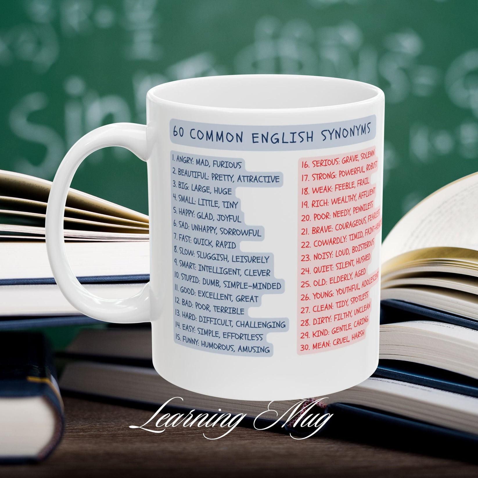 60 Common English Synonyms Learning Mug, (11oz, 15oz) – LearningMug.com